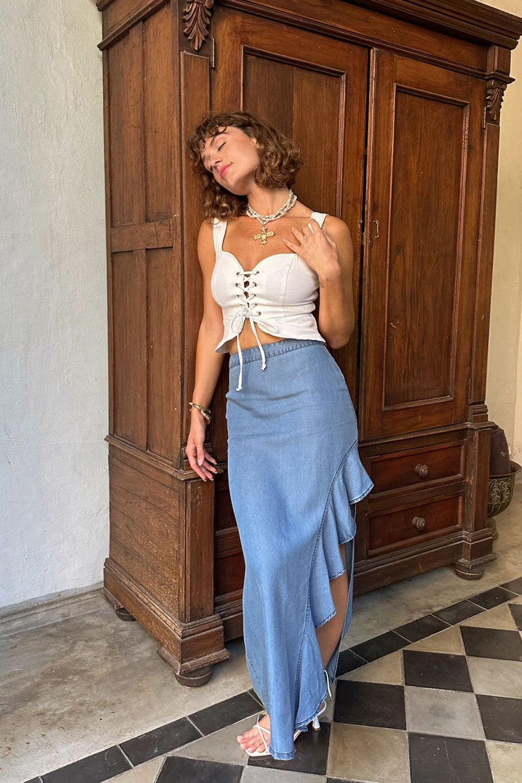 Annabelle Denim Ruffle Trim Maxi Skirt – 12th Tribe