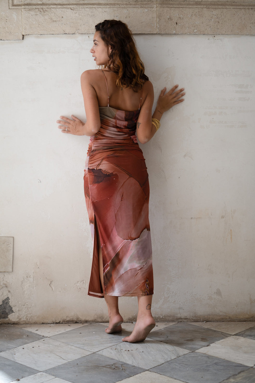 Caterina Rust Abstract Mesh Midi Dress – 12th Tribe