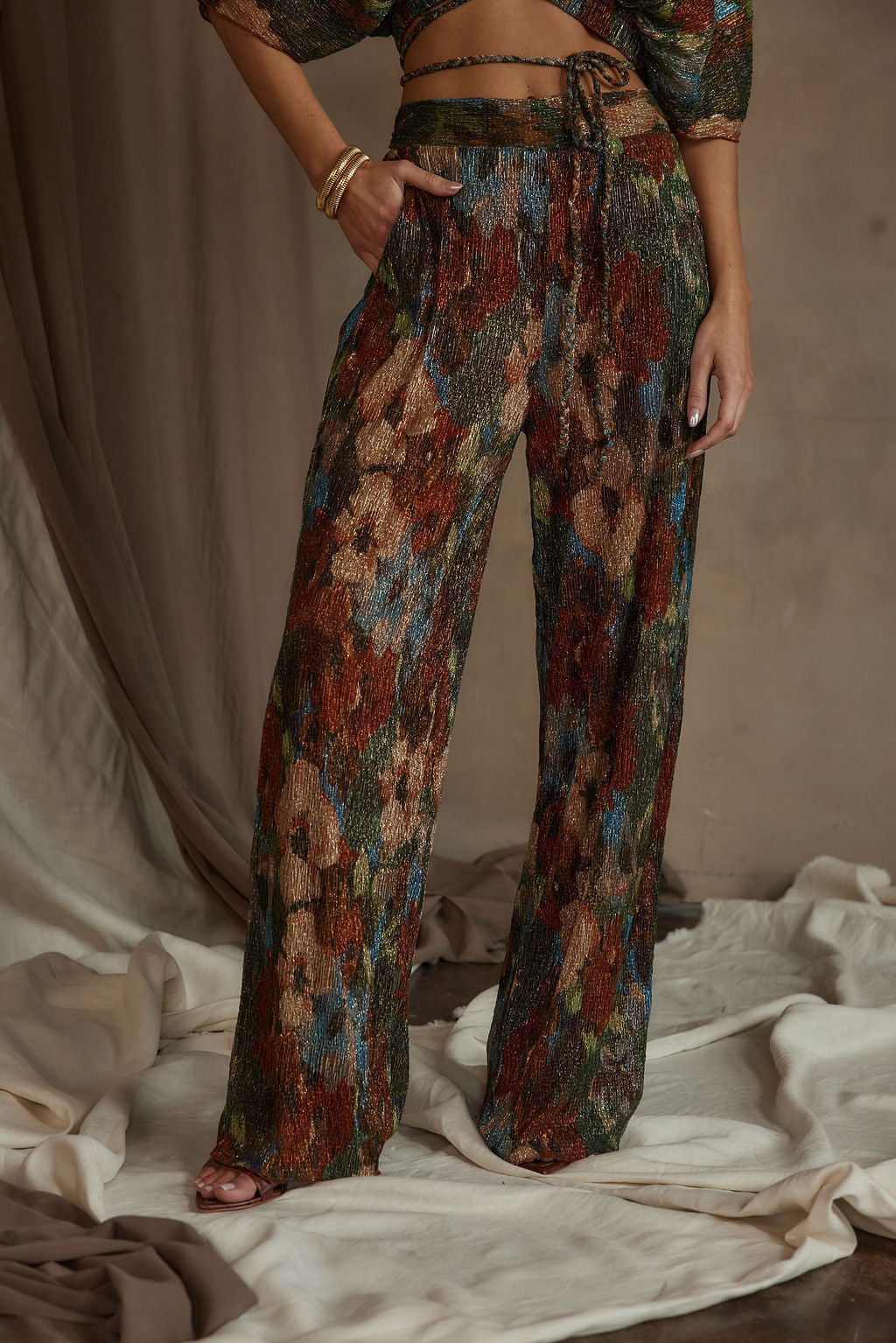 Kaia Multicolor Metallic Floral Pant – 12th Tribe