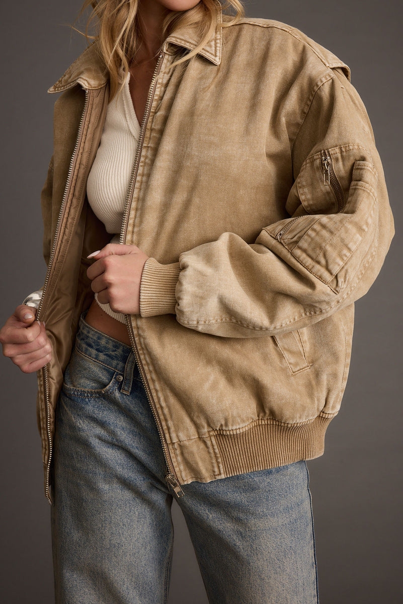 Sawyer Washed Tan Oversized Bomber Jacket – 12th Tribe